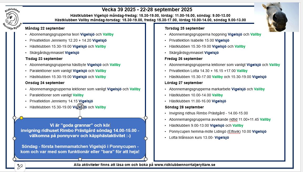 Vad händer vecka 39 2025? - Ridklubben Norrtälje Ryttare