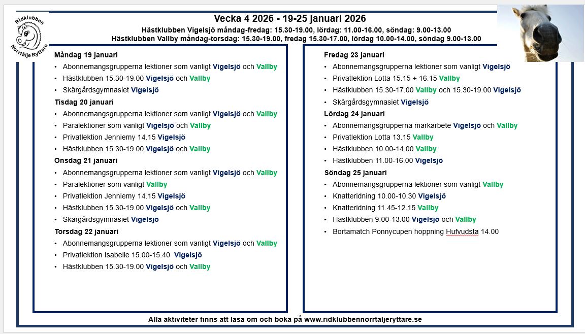 Vad händer vecka 4 2026? - Ridklubben Norrtälje Ryttare